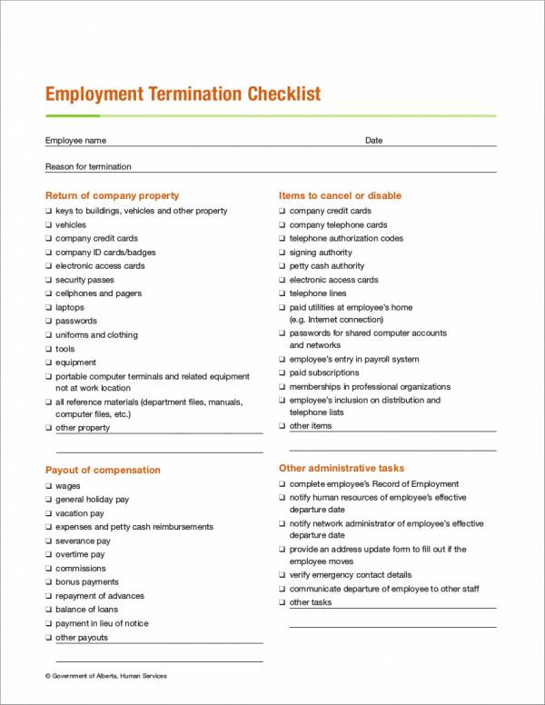 FREE 13 Termination Checklist Samples Templates In MS Word Excel