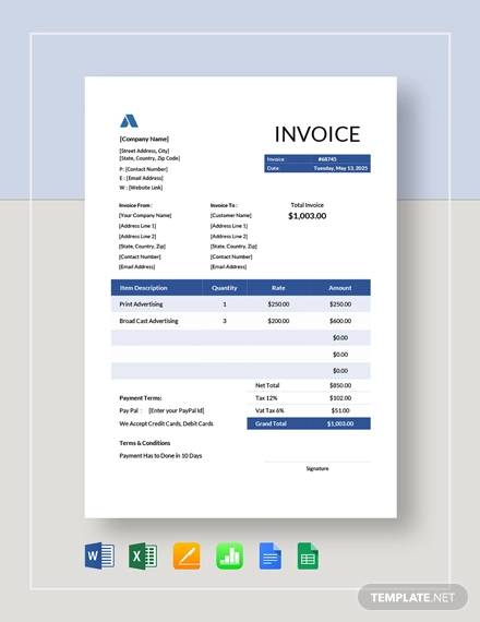 FREE 12 Advertising Invoice Templates In PDF MS Word Excel