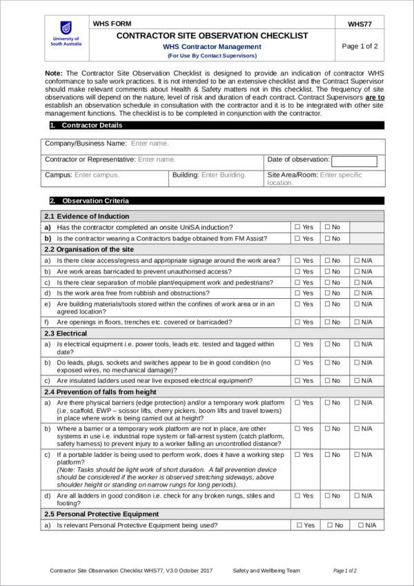 FREE 12 Observation Checklist Samples In PDF MS Word Pages 