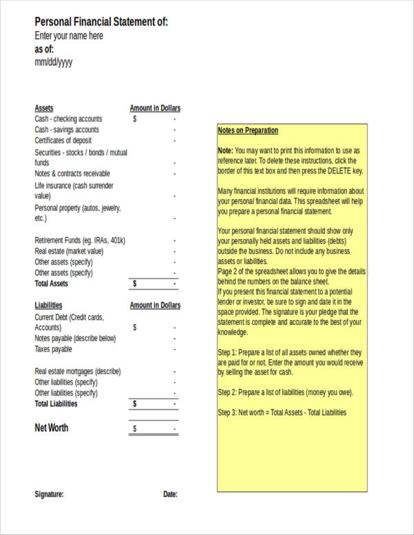 FREE 12 Personal Financial Statement Samples Templates In PDF Excel