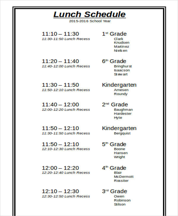 FREE 14 Lunch Schedule Samples And Templates In PDF MS Word