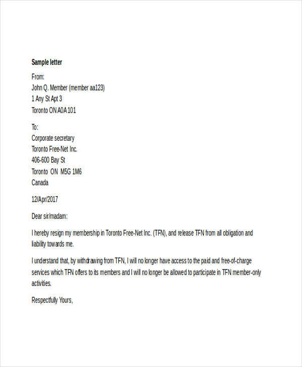 Resignation Letter Examples Canada Sample Resignation Letter