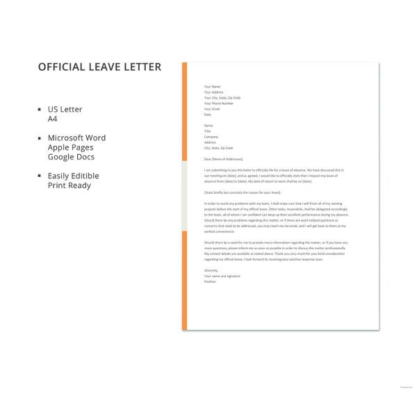 42+ Leave Letter Samples – PDF, Word, Apple Pages | Sample Templates