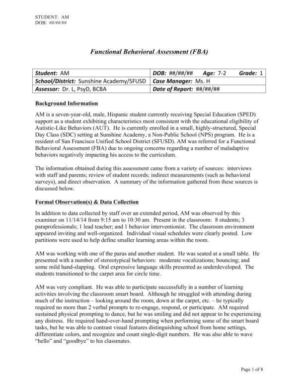 Example Functional Behavior Assessment Papers Example Functional Behavior Assessment Papers