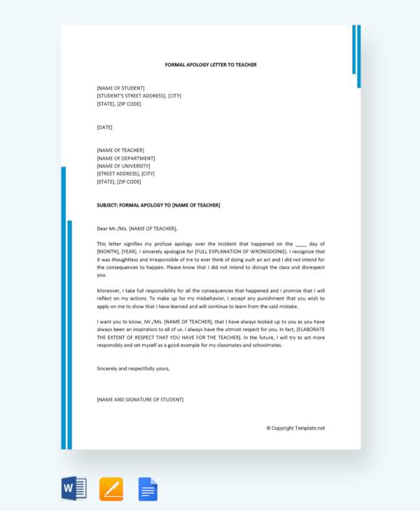 FREE 14 Apology Letters To Teacher In PDF MS Word Pages Google Docs