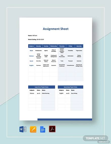 FREE 9 Sample Assignment Sheet Templates In PDF MS Word