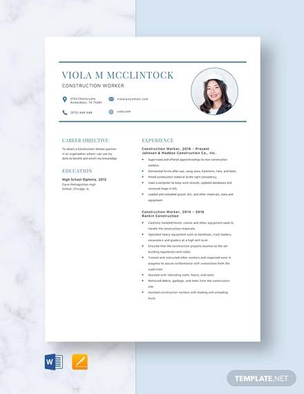 FREE 11 Sample Construction Worker Resume Templates In MS Word PDF