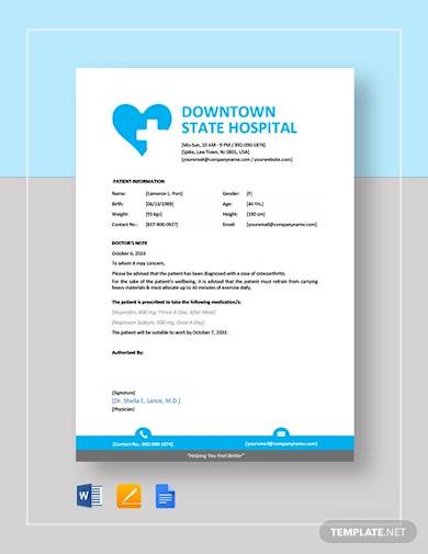 FREE 5 Printable Doctor s Note For Work Samples In MS Word Pages Google Docs PDF