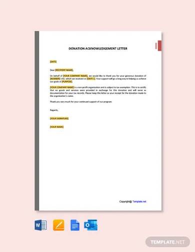 FREE 12 Donation Acknowledgement Letter Samples In MS Word Google Docs Pages MS Outlook PDF