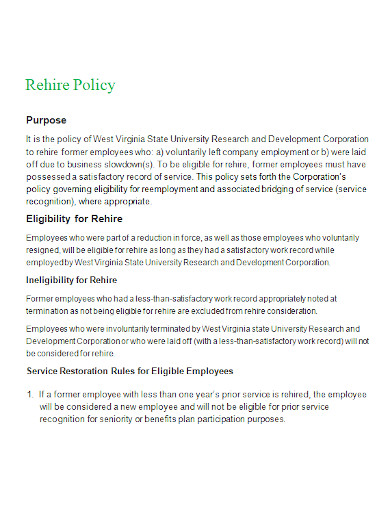 FREE 10 Rehire Policy Samples Employee After Termination Pension 