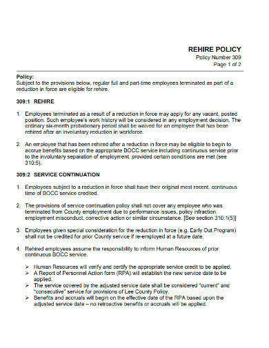 FREE 10 Rehire Policy Samples Employee After Termination Pension 