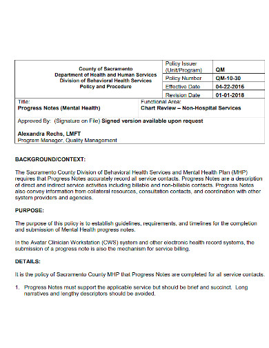 FREE 9 Mental Health Progress Note Samples Policy Planner Assessment 