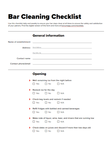 FREE 4 Bar Cleaning Checklist Samples Staff Restaurant Opening 