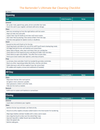 FREE 4 Bar Cleaning Checklist Samples Staff Restaurant Opening 