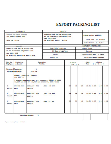 Export Packing List Example Printable Templates